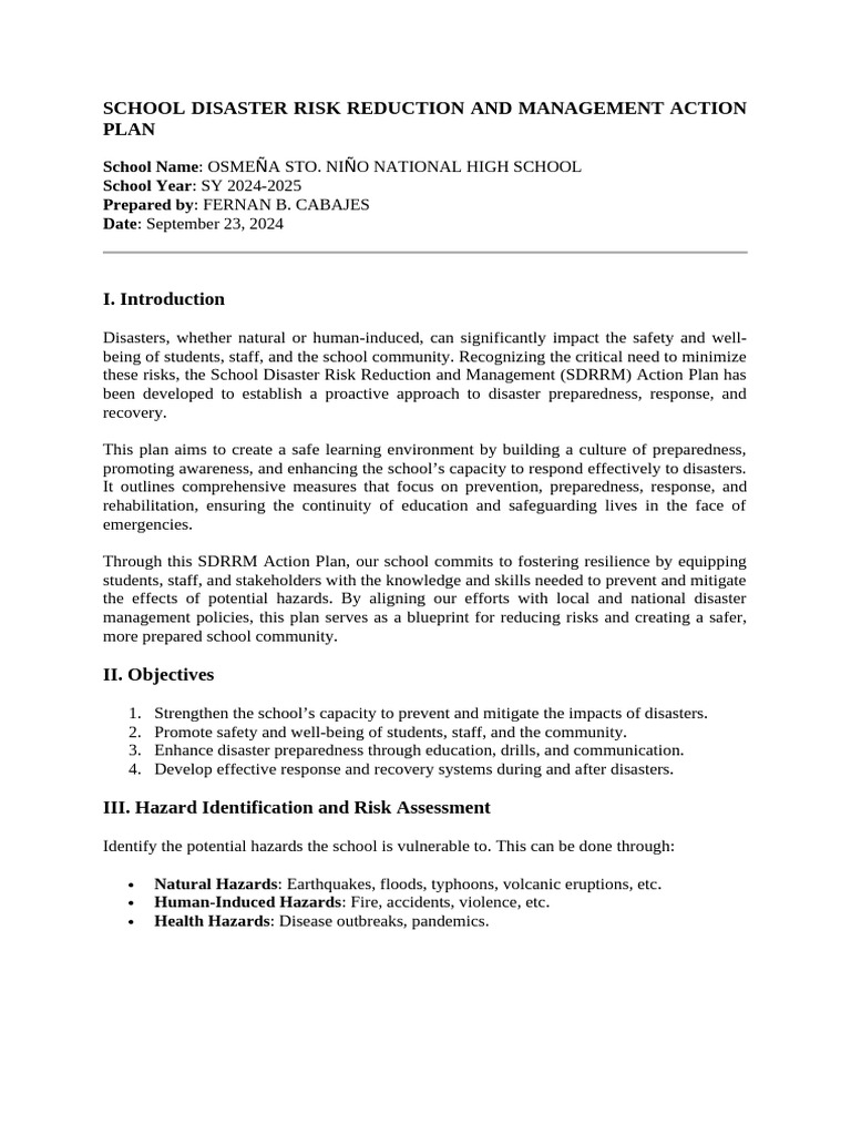 School Disaster Management Action Plan | PDF | Emergency Management ...