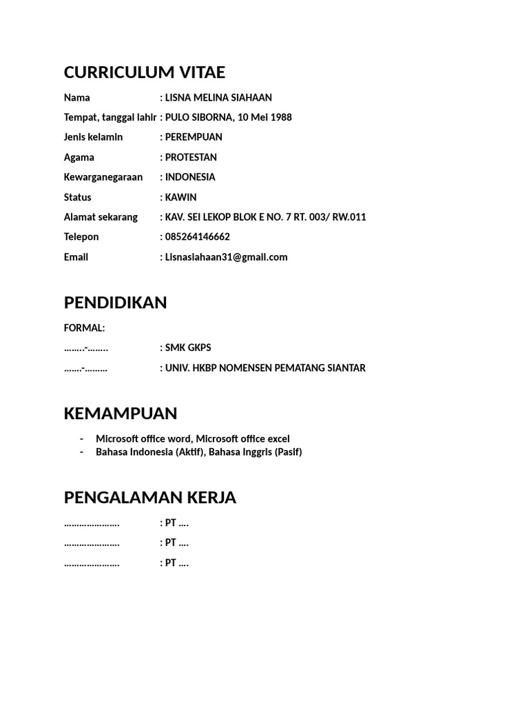 Curriculum Vitae Lisna Siahaan | PDF