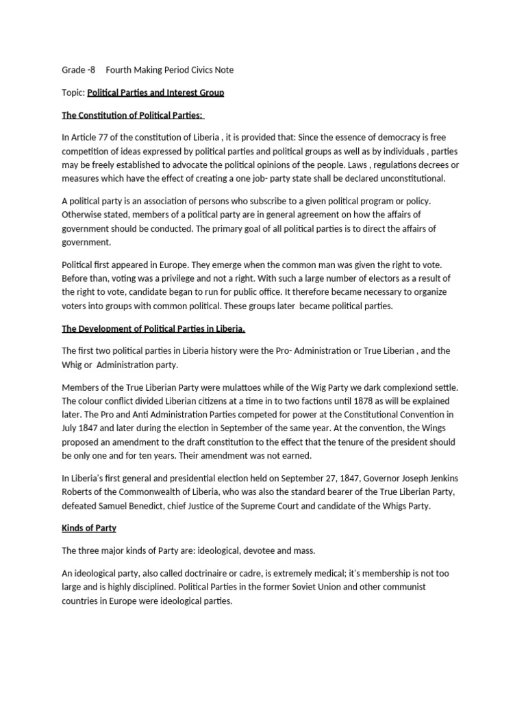 Grade - 8 Civics Note | PDF | Political Parties | Liberia