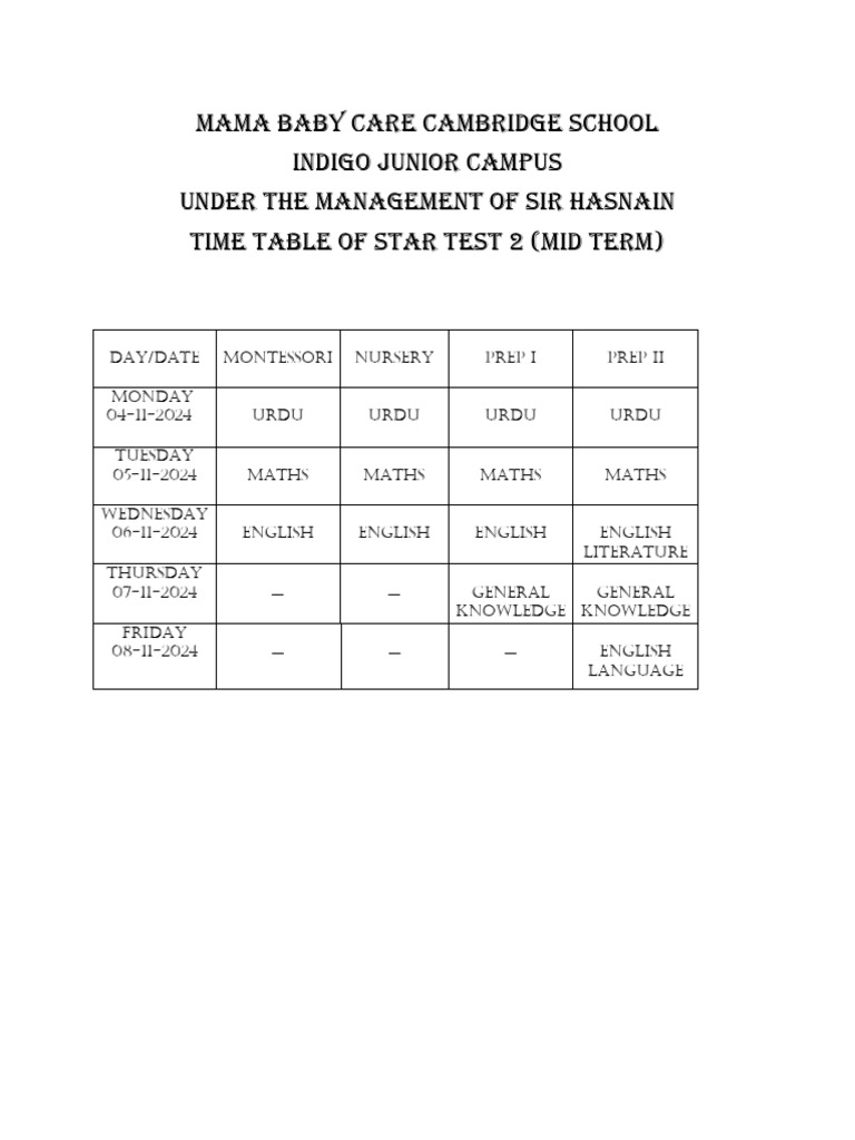 Star Test 2 Timetable for Indigo Junior | PDF