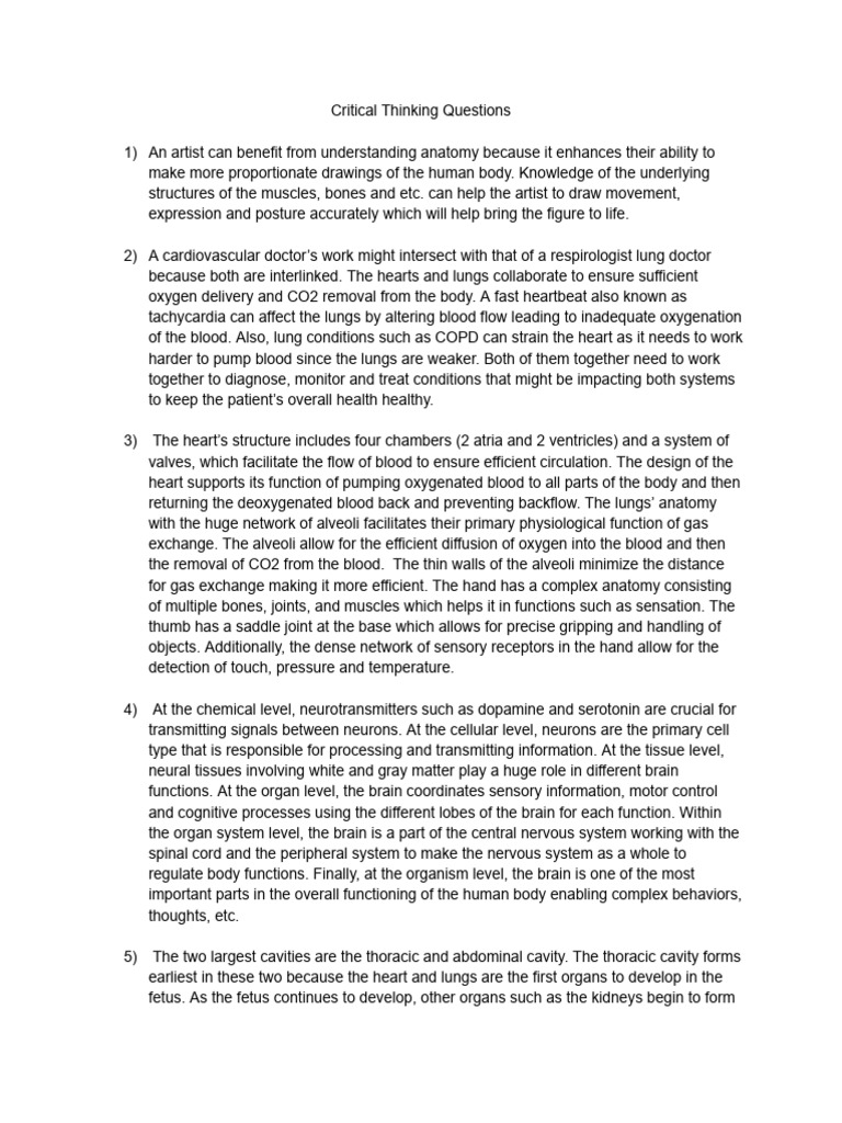 Critical Thinking Questions | PDF | Nervous System | Brain