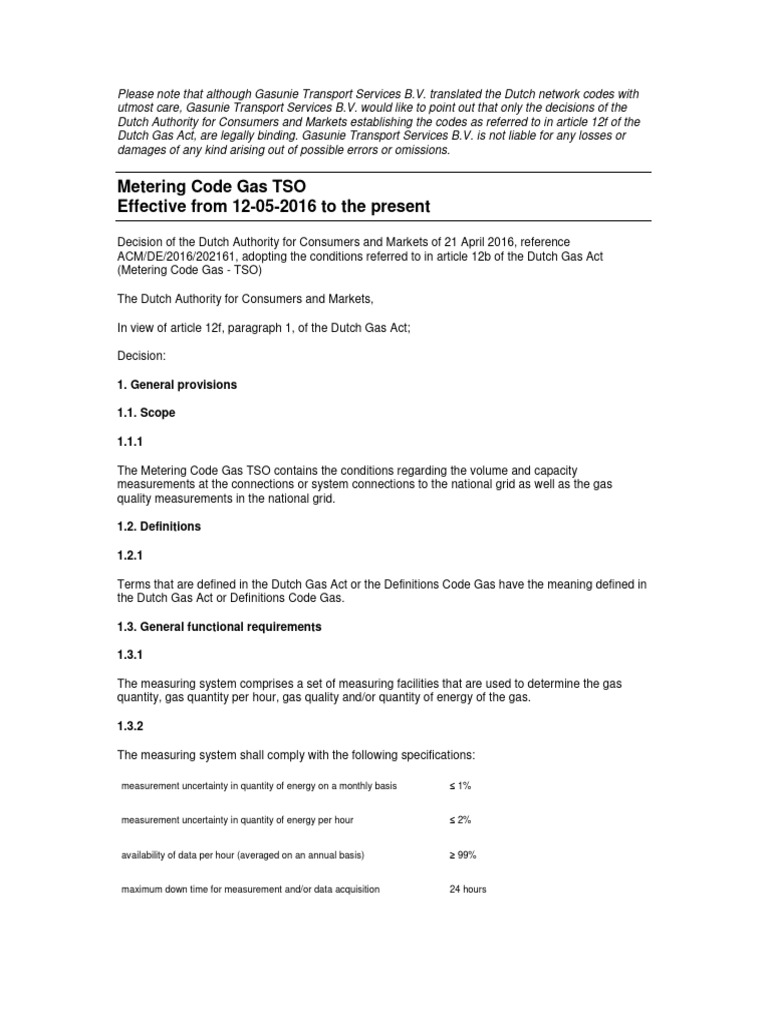 Meteringcode Gas TSO in Netherland | PDF | Calibration | Gases