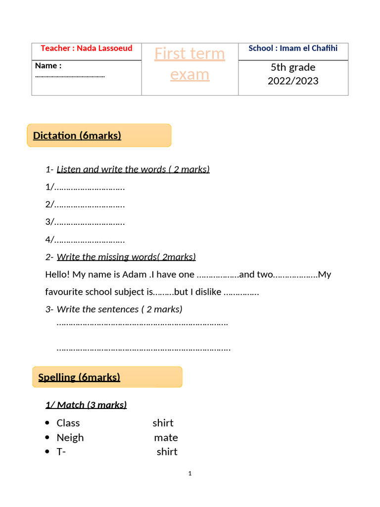 5th Grade English Exam Template 2022 | PDF