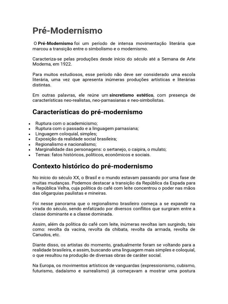 Pré-Modernismo: Transição Literária Brasil | PDF | Modernismo