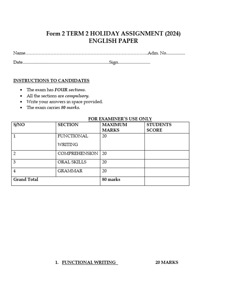 Form 2 Holiday Assignment | PDF | Disciplines | Teachers