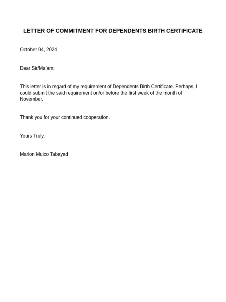 Letter of Commitment For Dependents Birth Certificate | PDF
