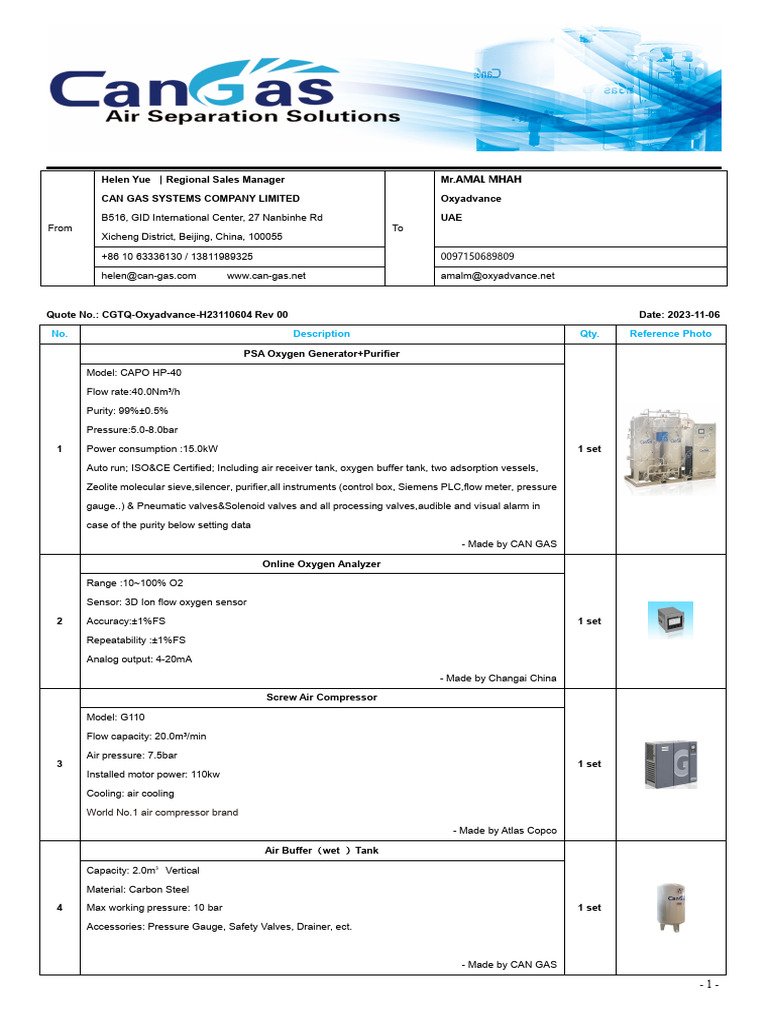 Can Gas Cfs Hp-40 Psa O2 Generator Quotation Cgtq-Oxyadvance-H23110604 ...