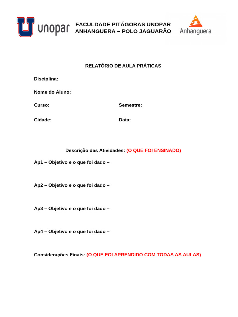 Modelo de Relatório de Aulas Práticas - 4 aulas, conforme Colaborar | PDF