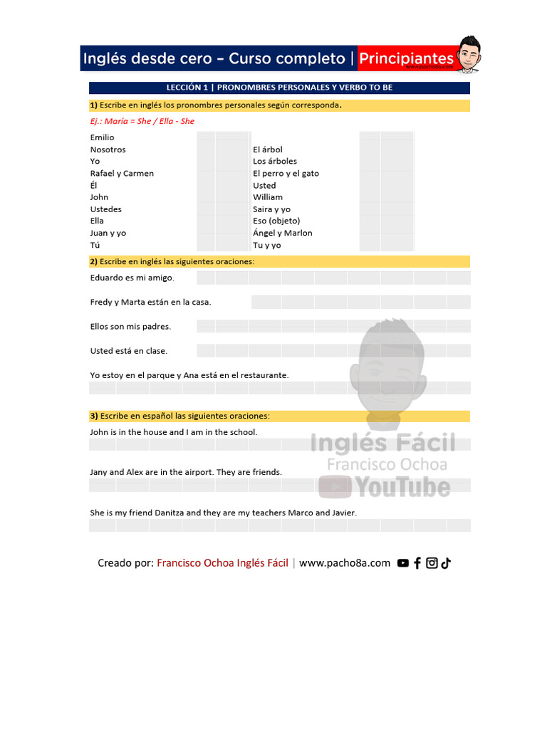 Lección 1 - Pronombres Personales y Verbo To Be | PDF | Estudios de idiomas extranjeros