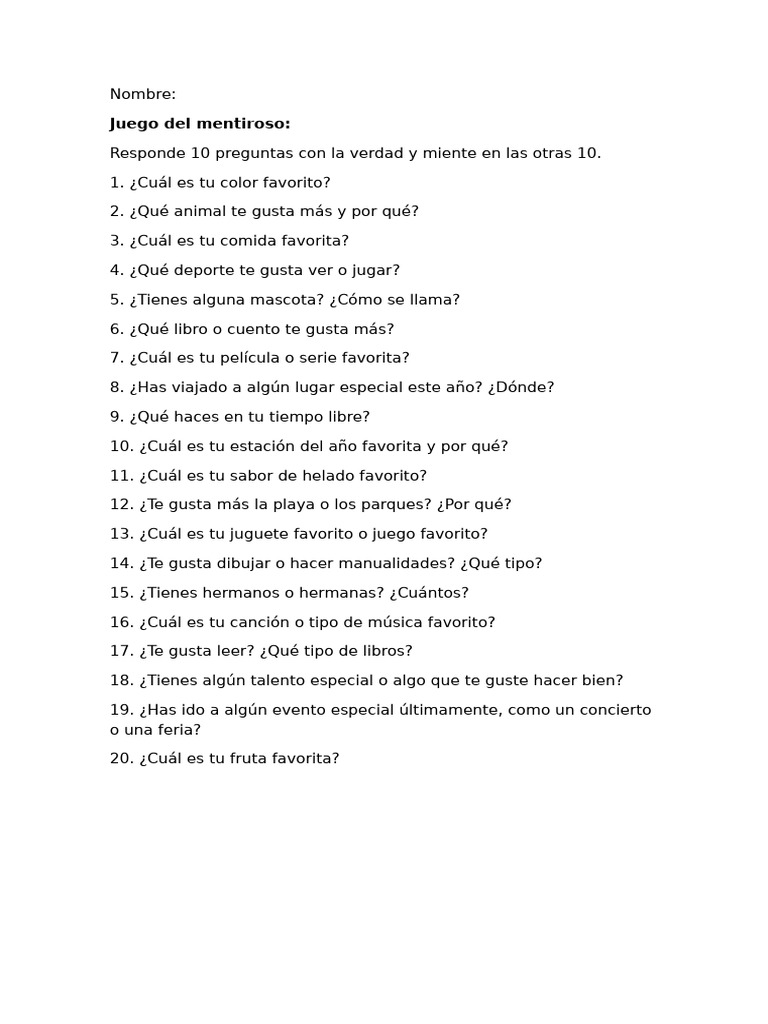 Preguntas para el juego del mentiroso | PDF
