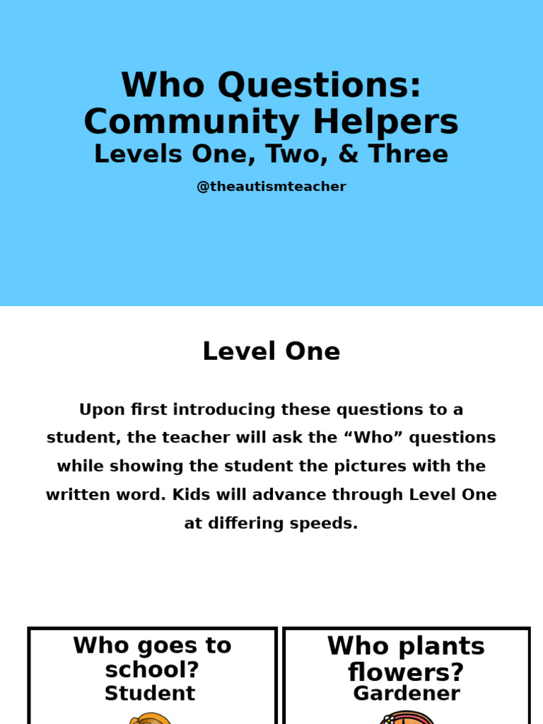 Who Questions: Community Helpers: Levels One, Two, & Three | PDF