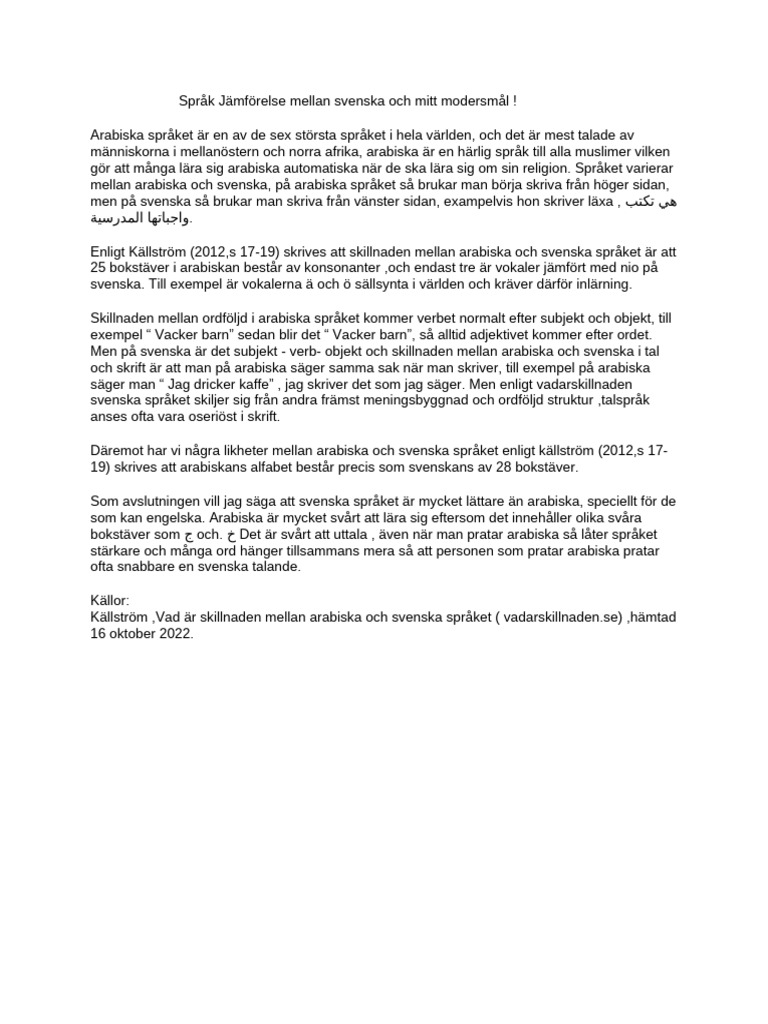 Språk Arabiska Och Svenska 2 | PDF