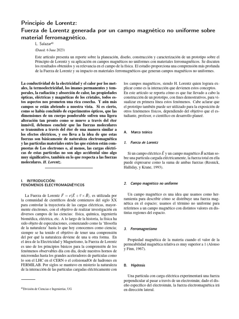 Principio de Lorentz. Fuerza de Lorentz Generada Por Un Campo Magnético ...
