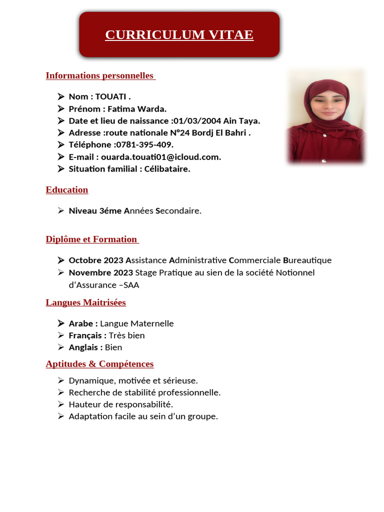 CV de Fatima Warda Touati | PDF | Évolution de carrière | Bien-être