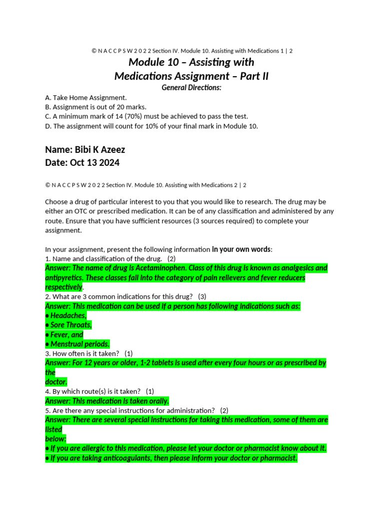 Module 10 - Assisting With Madication Assign 2 | PDF | Analgesic | Allergy