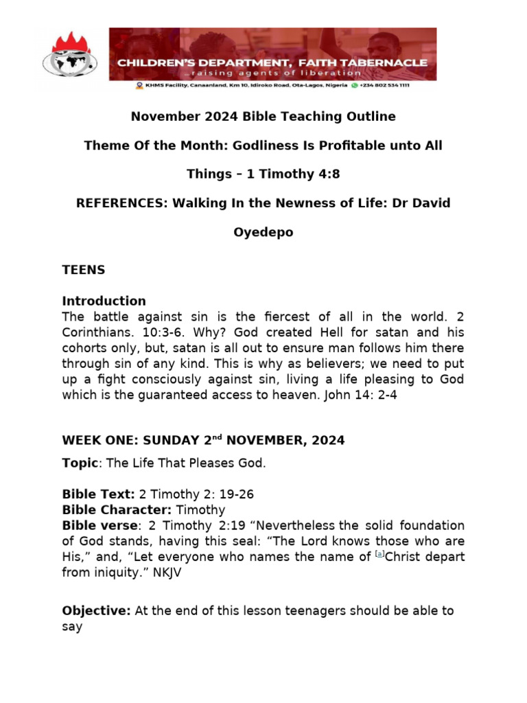 TEENS WEEK 1 November 2024 Bible Teaching Outline | PDF