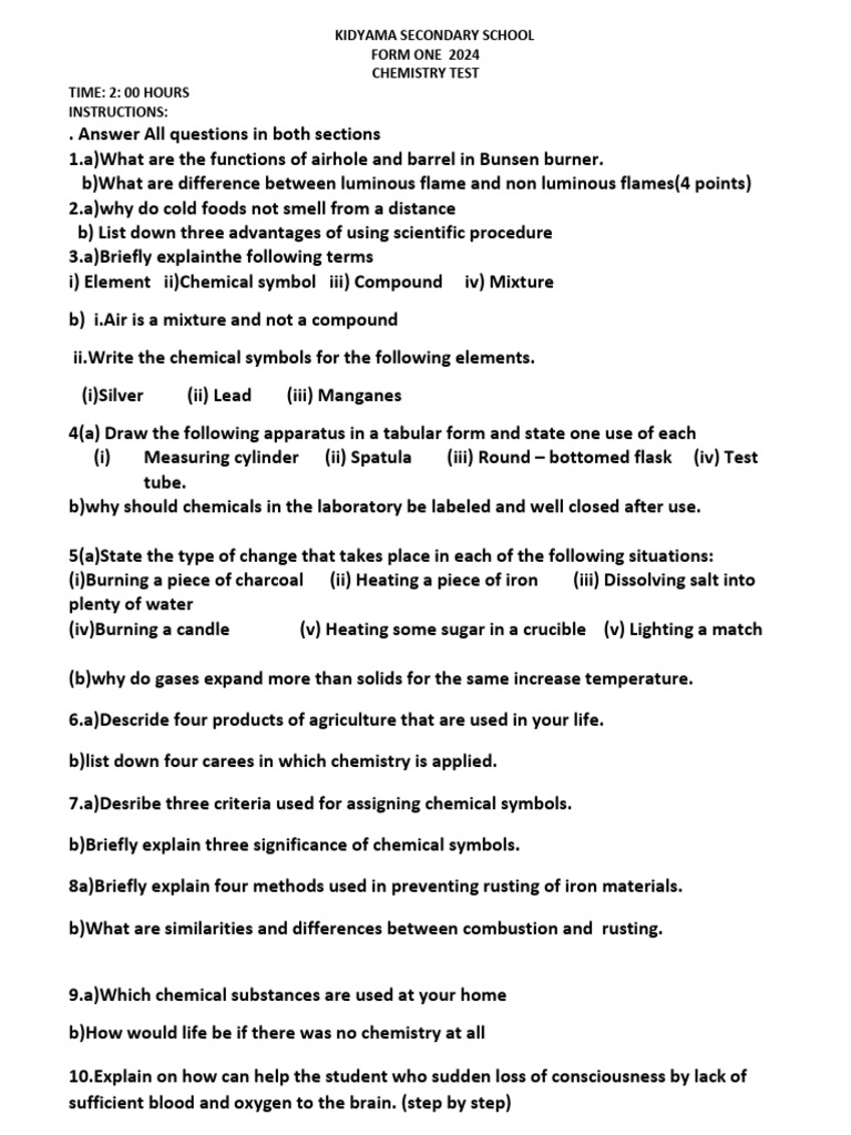 Form One Chemistry Test 2024 Guide | PDF