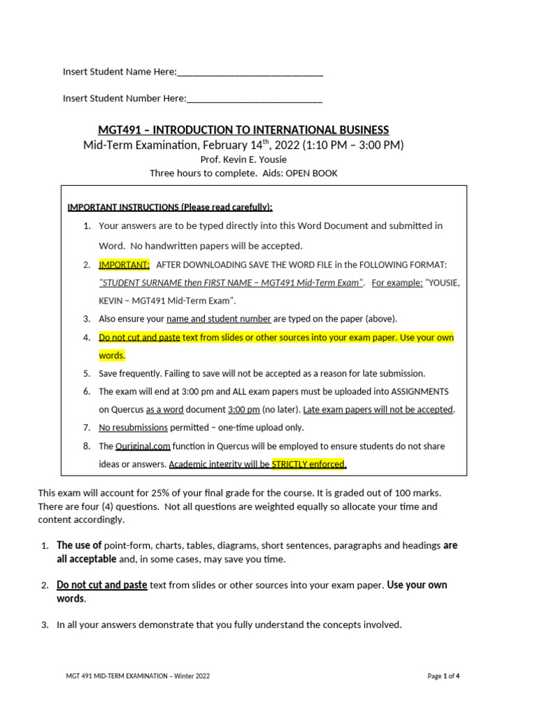 MGT491 Mid-Term Exam Paper - Monday, February 14th, 2022 - Prof. Kevin ...