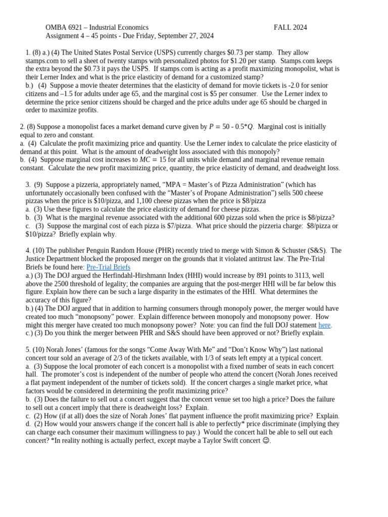 6921 Assignment 4_FA24 | PDF | Monopoly | Profit (Economics)
