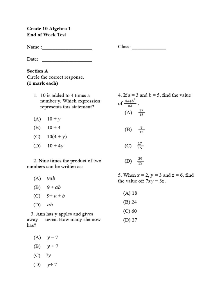 Grade 10 Algebra Test Questions | PDF | Algebra | Mathematics