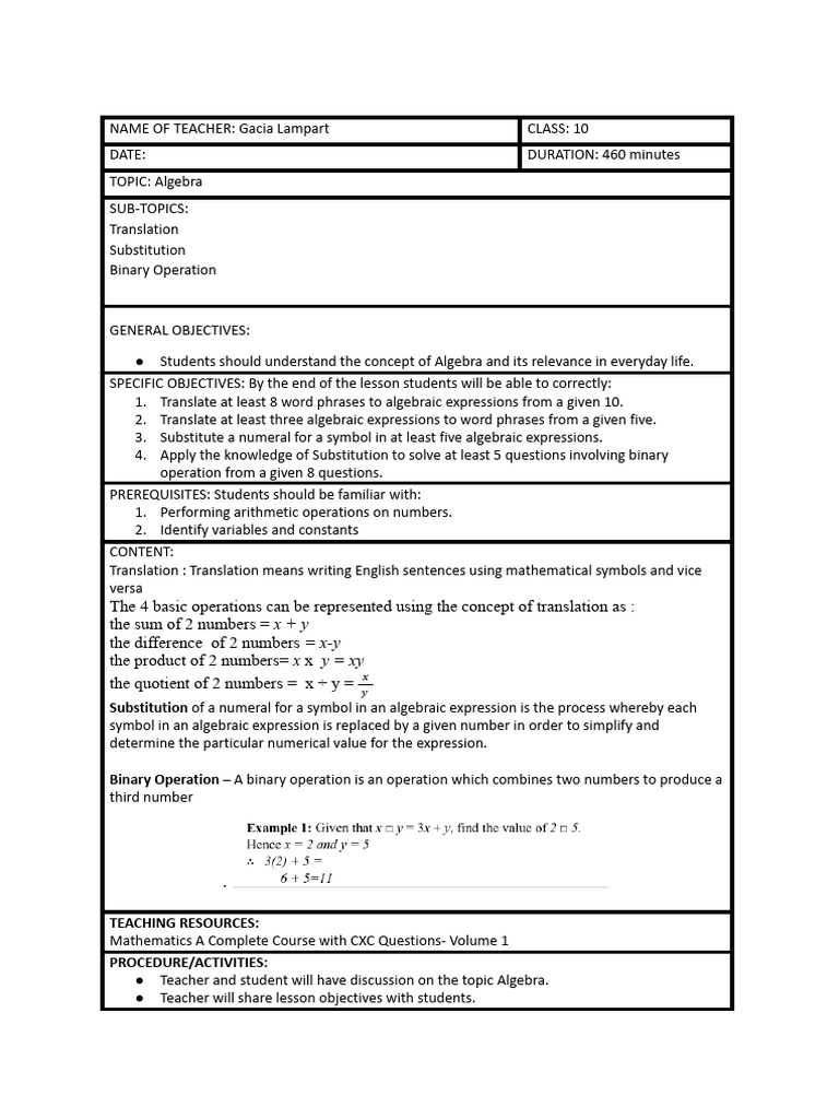 Lampart G 10 Substitution - Binary Operation Plan 2024 - 2025 | PDF ...