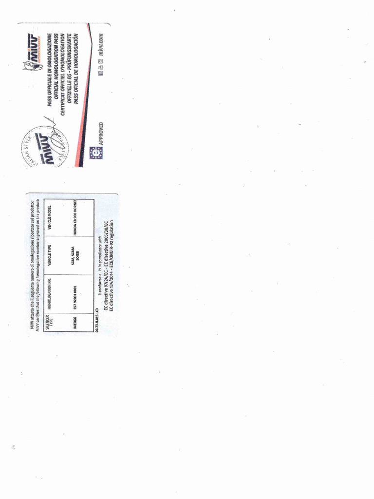 Homologación Escape Mivv Xcone para CB 900 F Hornet 2005 | PDF