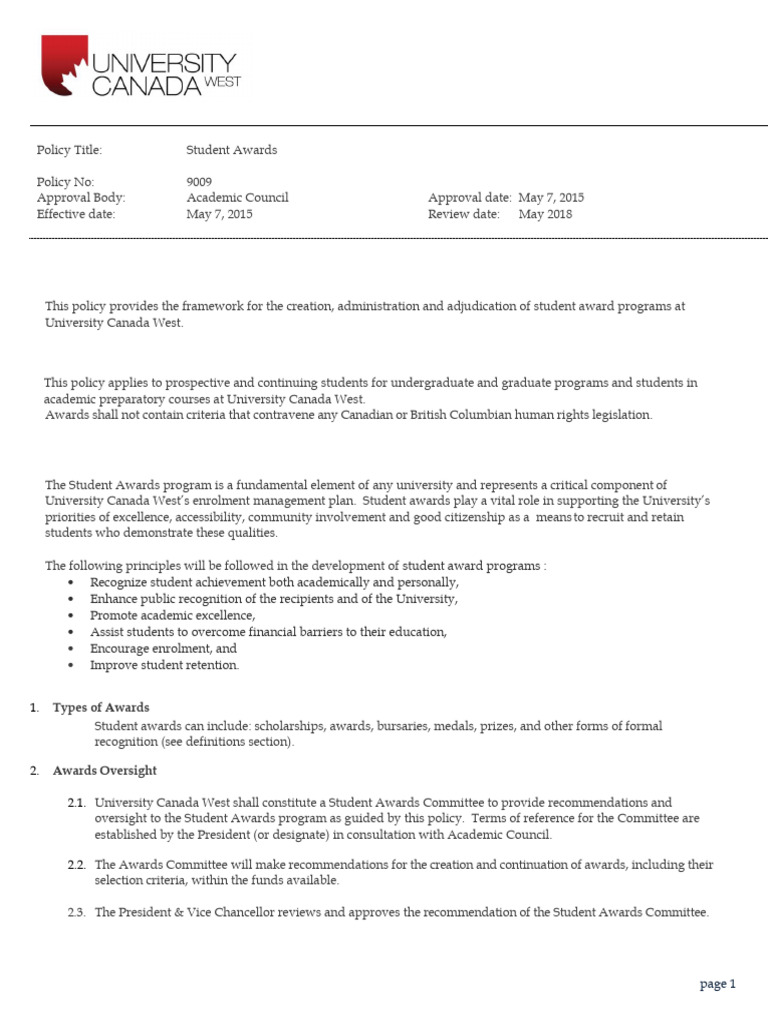 UCW 9009 Student Awards Policy | PDF | University | Policy