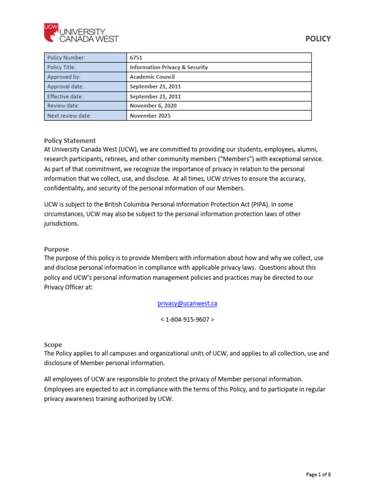 UCW 6751 Information Privacy and Security Policy | PDF | Consent | Privacy