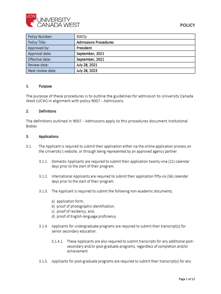 UCW 9007p Admissions Procedure | PDF | University And College Admission | Academic Degree