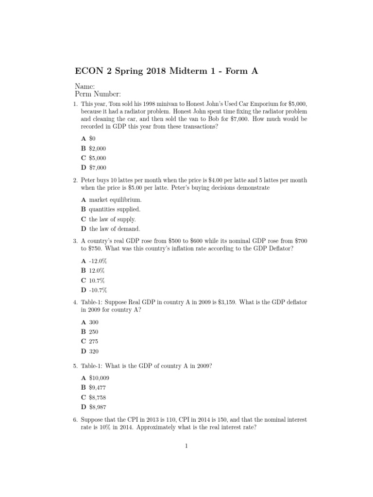 Econ 2018 Practice Midterm | PDF | Consumer Price Index | Inflation