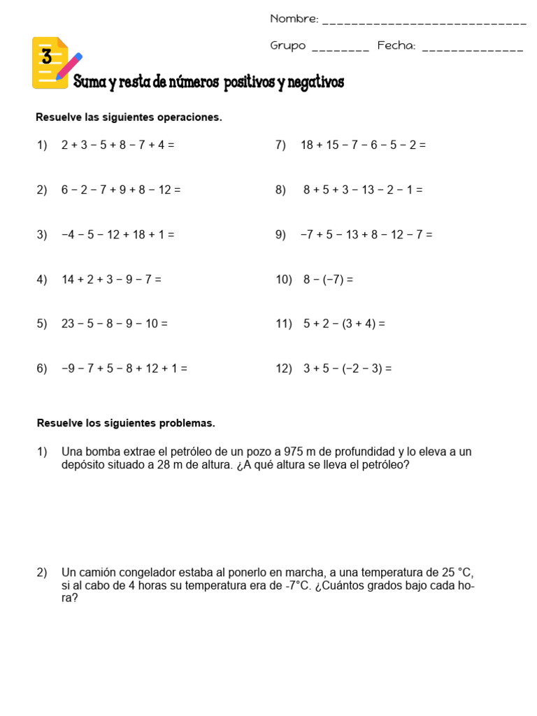 7o P3 Suma y Resta Numeros Positivos y Negativos Problemas Verbales | PDF