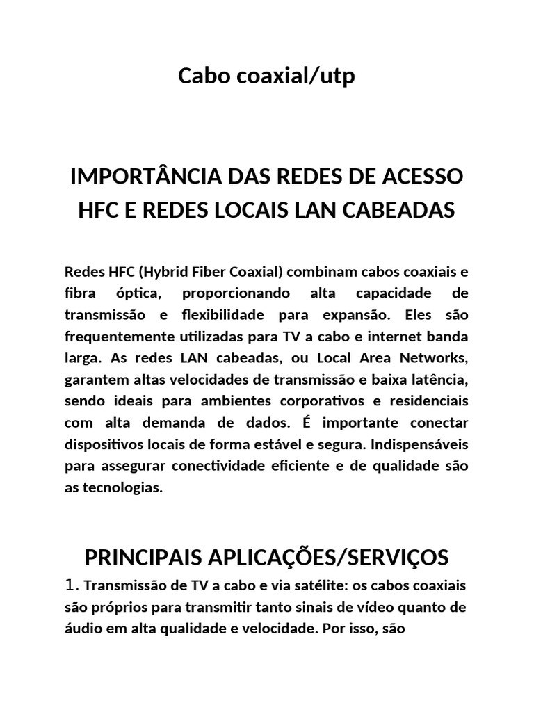 Redes HFC (Hybrid Fiber Coaxial) Combinam Cabos Coaxiais e F | PDF ...