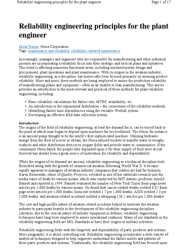 Reliability Engineering Principles For The Plant Engineer | PDF ...