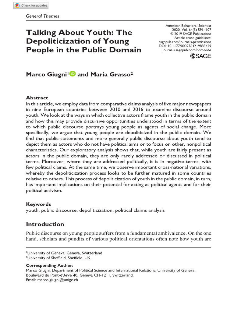 Giugni Grasso 2019 Talking About Youth The Depoliticization of Young ...