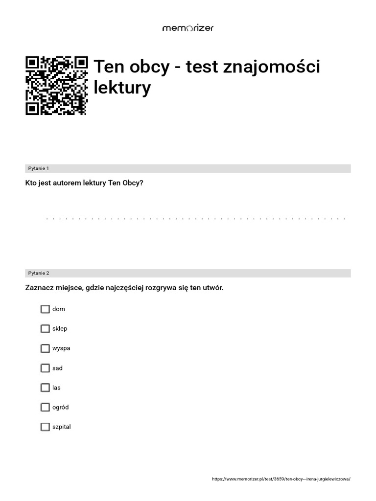 Ten Obcy - Test Znajomości Lektury - ROZWIĄŻ | PDF