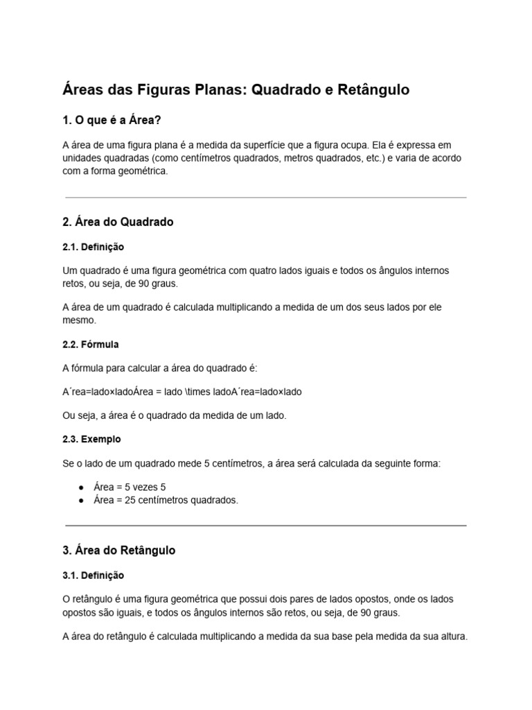 Cálculo de Área: Quadrado e Retângulo | PDF | Ângulo | Área