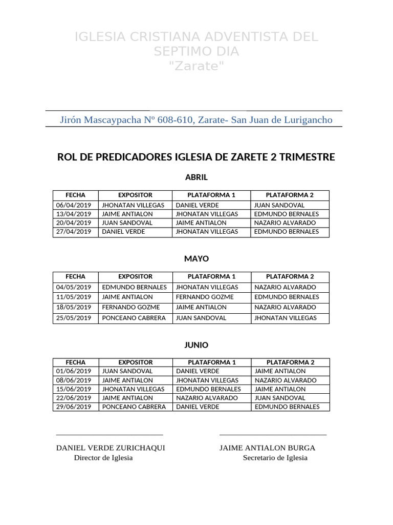 Rol Predicadores 2 Trim | PDF
