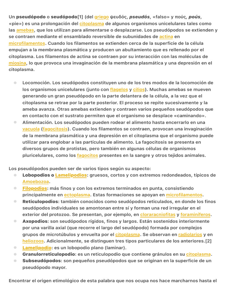 Un pseudópodo o seudópodo (1) (del griego ψευδός, pseudós, «falso» y ...
