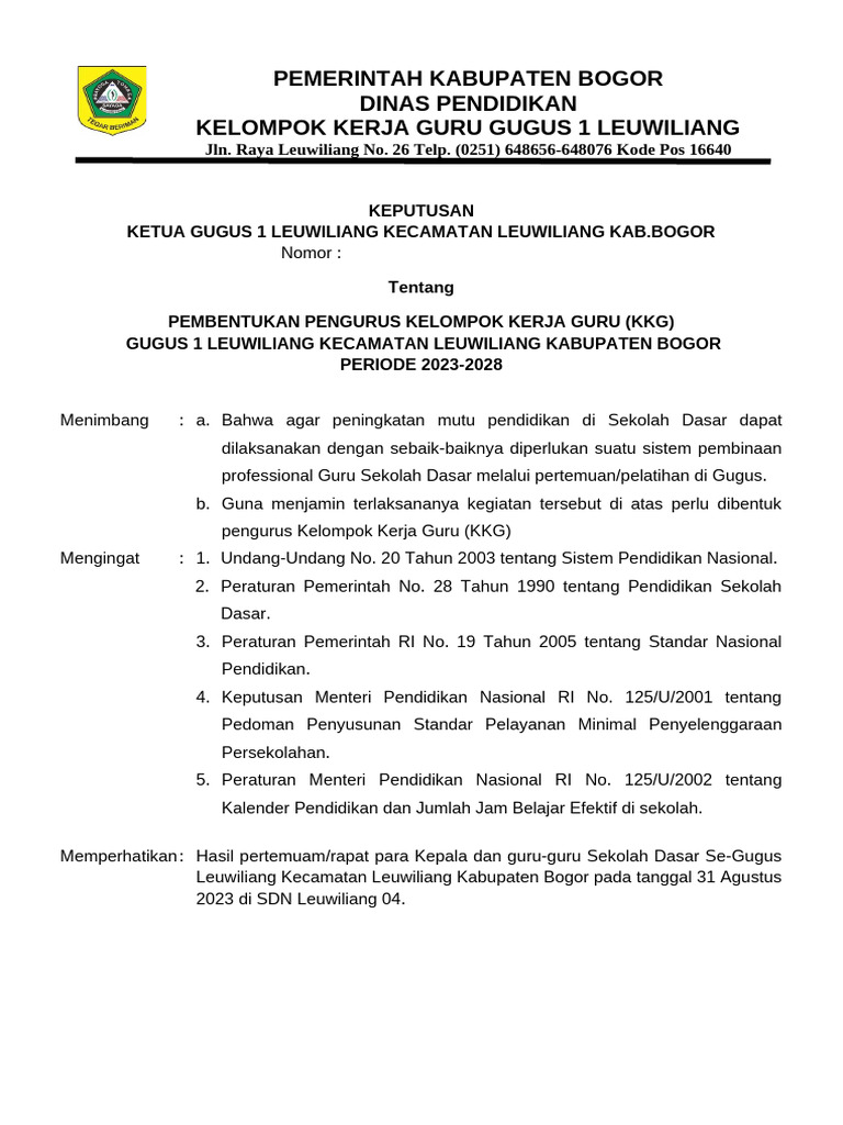 SK Pengurus KKG 1 Leuwiliang | PDF