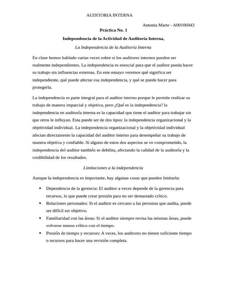 Practica No. 1 - Independencia del Auditor Interno | PDF | Contralor ...