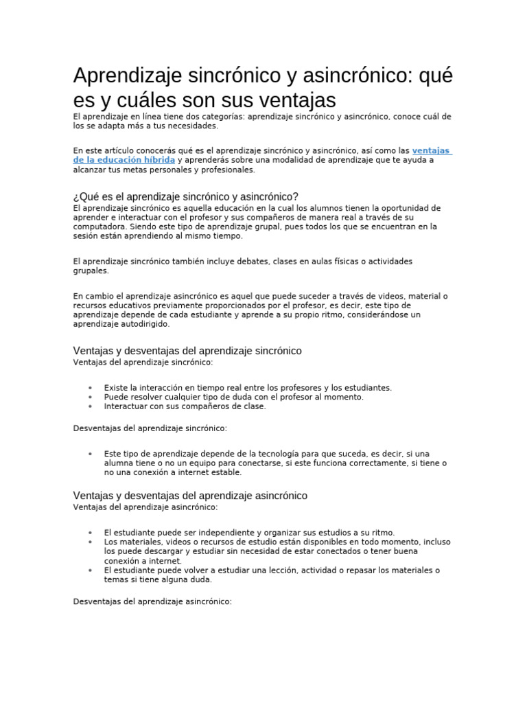 Aprendizaje Sincrónico y Asincrónico | PDF | Aprendizaje | Maestros