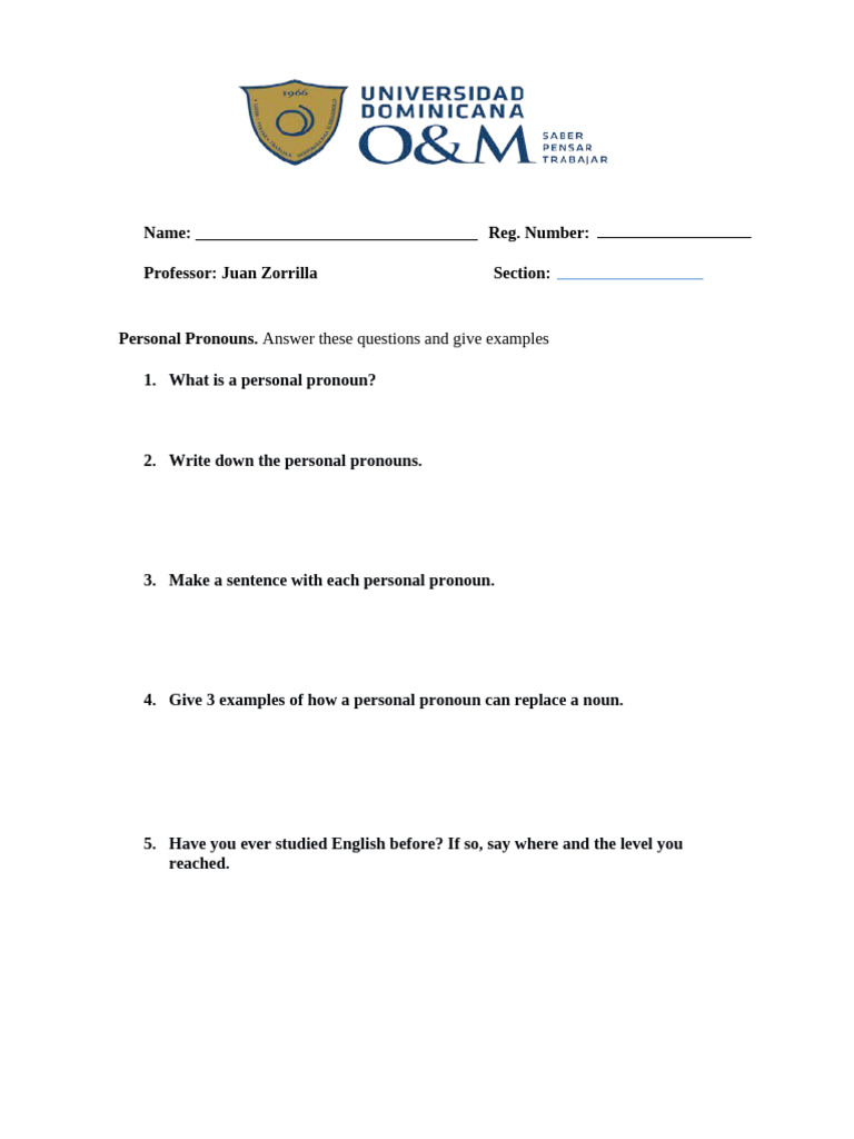 Personal Pronouns, First Practice 0&M Level 1 | PDF