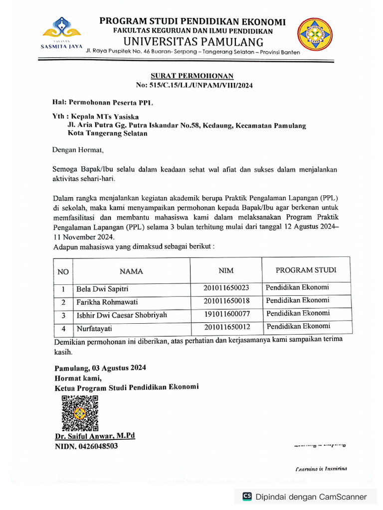 Surat Permohonan Ppl | PDF
