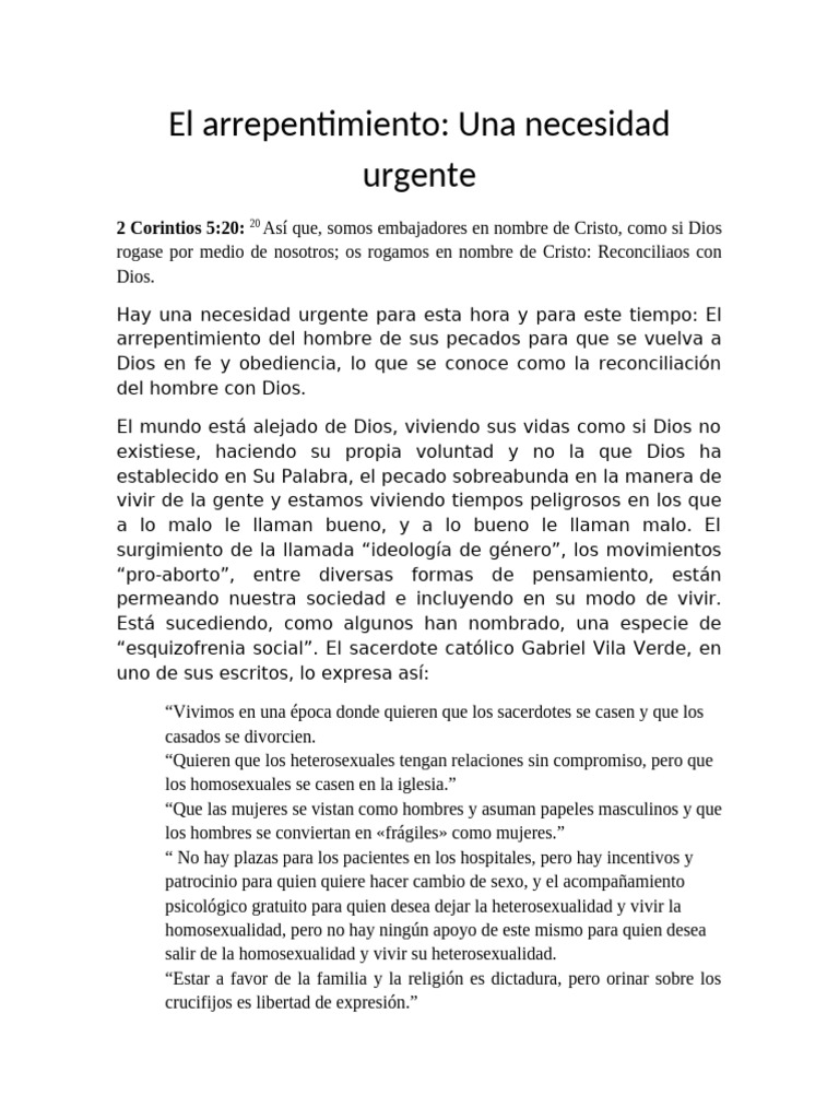 El Arrepentimiento: Urgente Llamado a Dios | PDF | Pecado | Cristo (título)