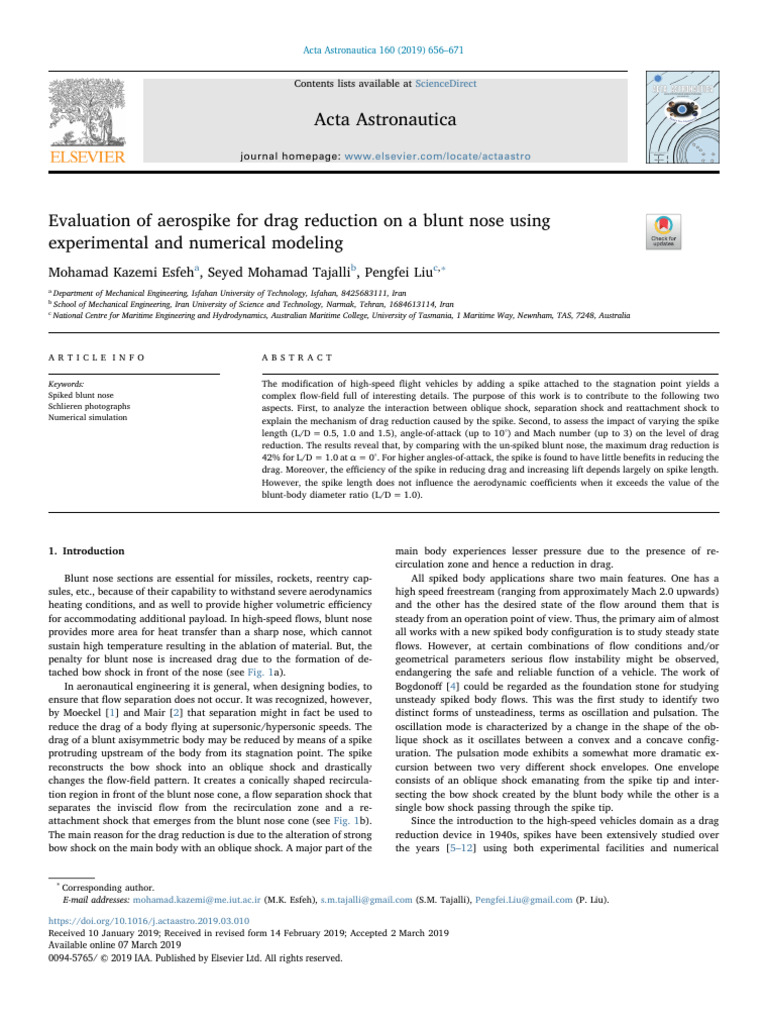 Evaluation of Aerospike For Drag Reduction On A Blunt Nose U 2019 Acta ...
