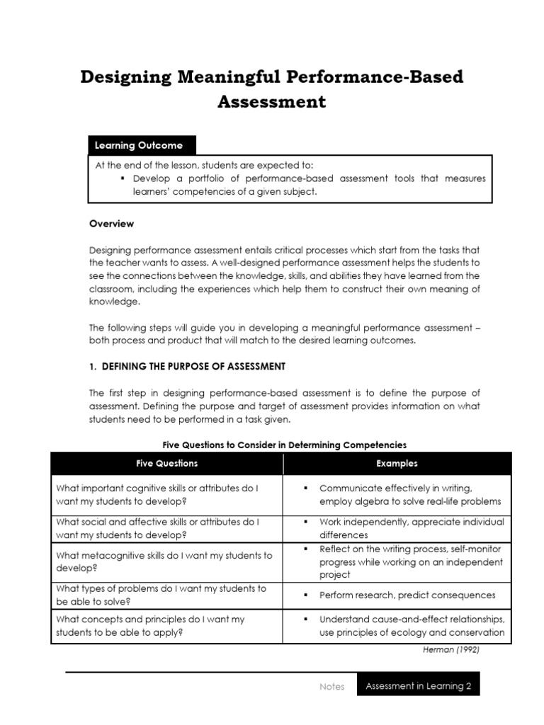 Designing Meaningful Performance Based Assessment - Notes | PDF ...