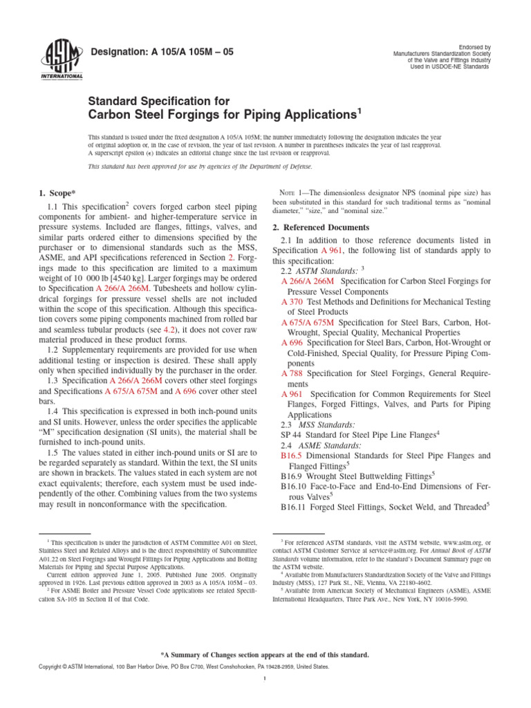ASTM A105 2005 - Cast Steel Forgings | PDF | Heat Treating | Pipe (Fluid Conveyance)