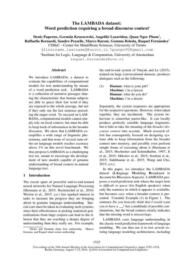 The LAMBADA Dataset - Word Prediction Requiring A Broad Discourse Context - P16-1144 | PDF ...