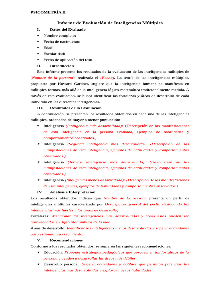 Modelo de Informe de Evaluación de Inteligencias Múltiples | PDF | Inteligencia | Conceptos ...