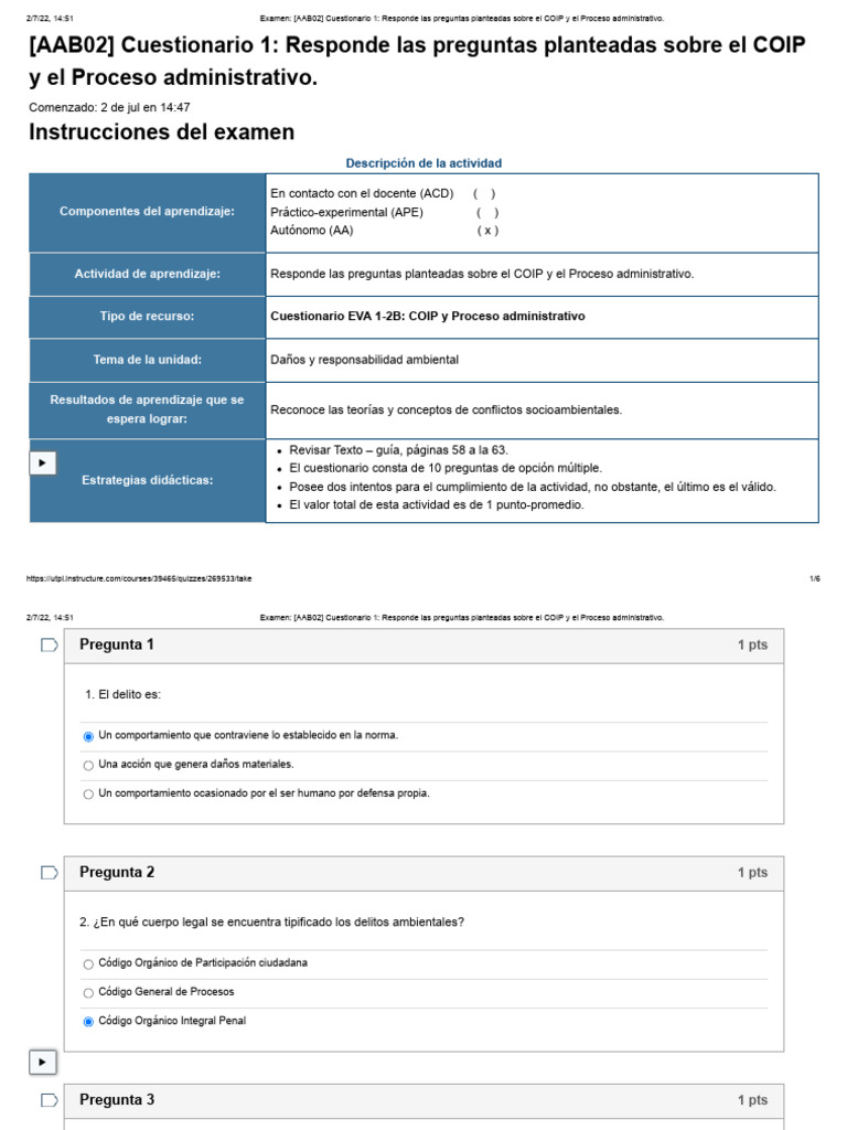 Examen - (AAB02) Cuestionario 1 - Responde Las Preguntas Planteadas Sobre El COIP y El Proceso ...